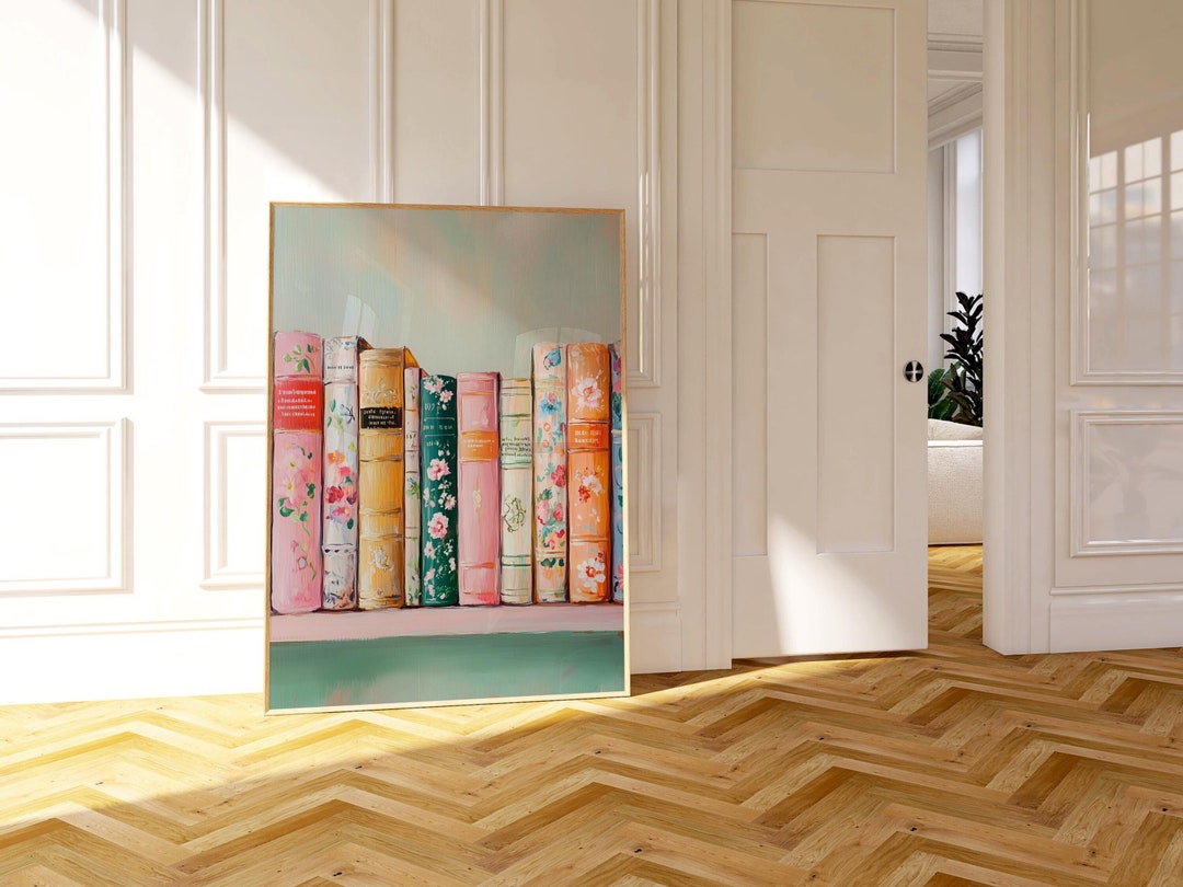 Pastel Book Stack Painting, Whimsical Bookshelf Wall Art, Reading Nook ...