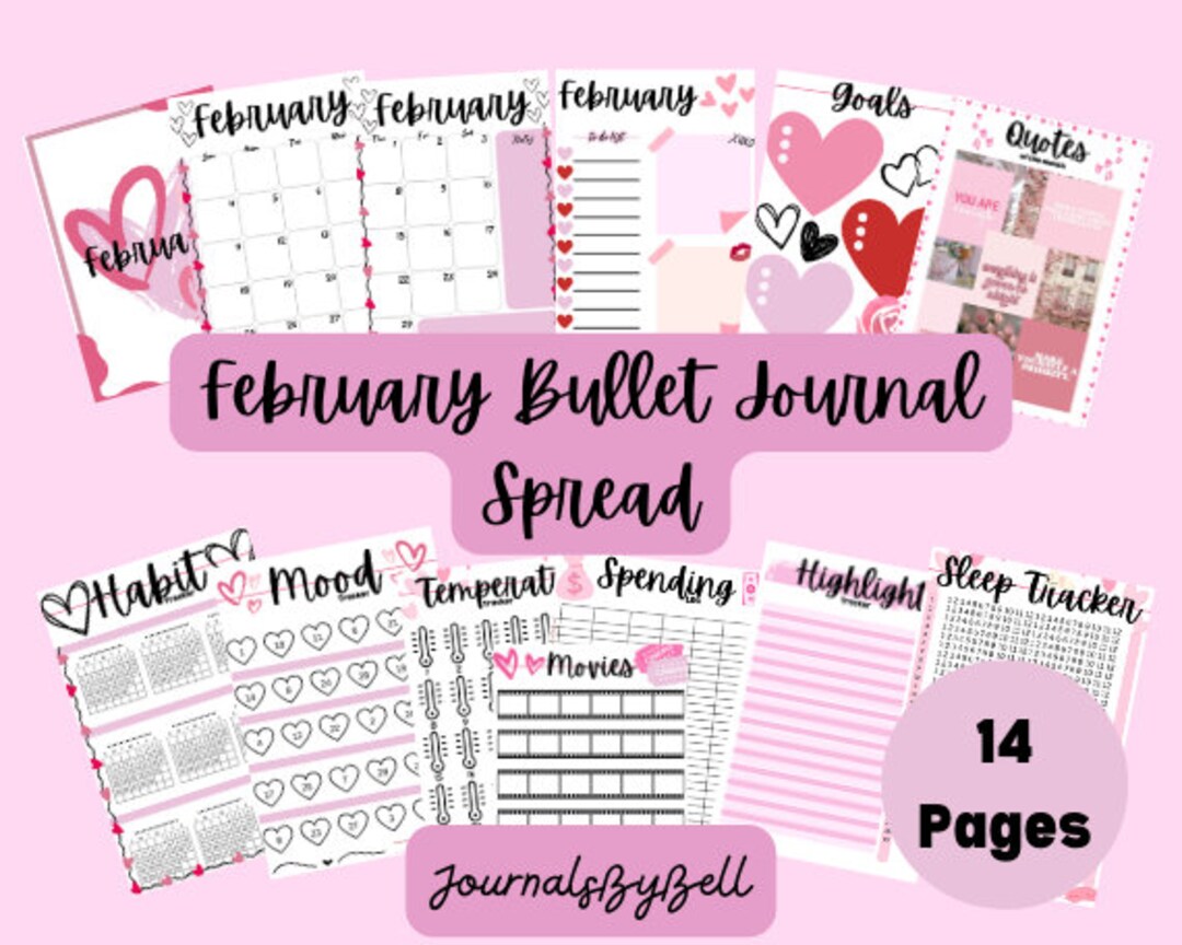 2024 February Bullet Journal Valentine's Day Theme Habit Tracker, Mood ...
