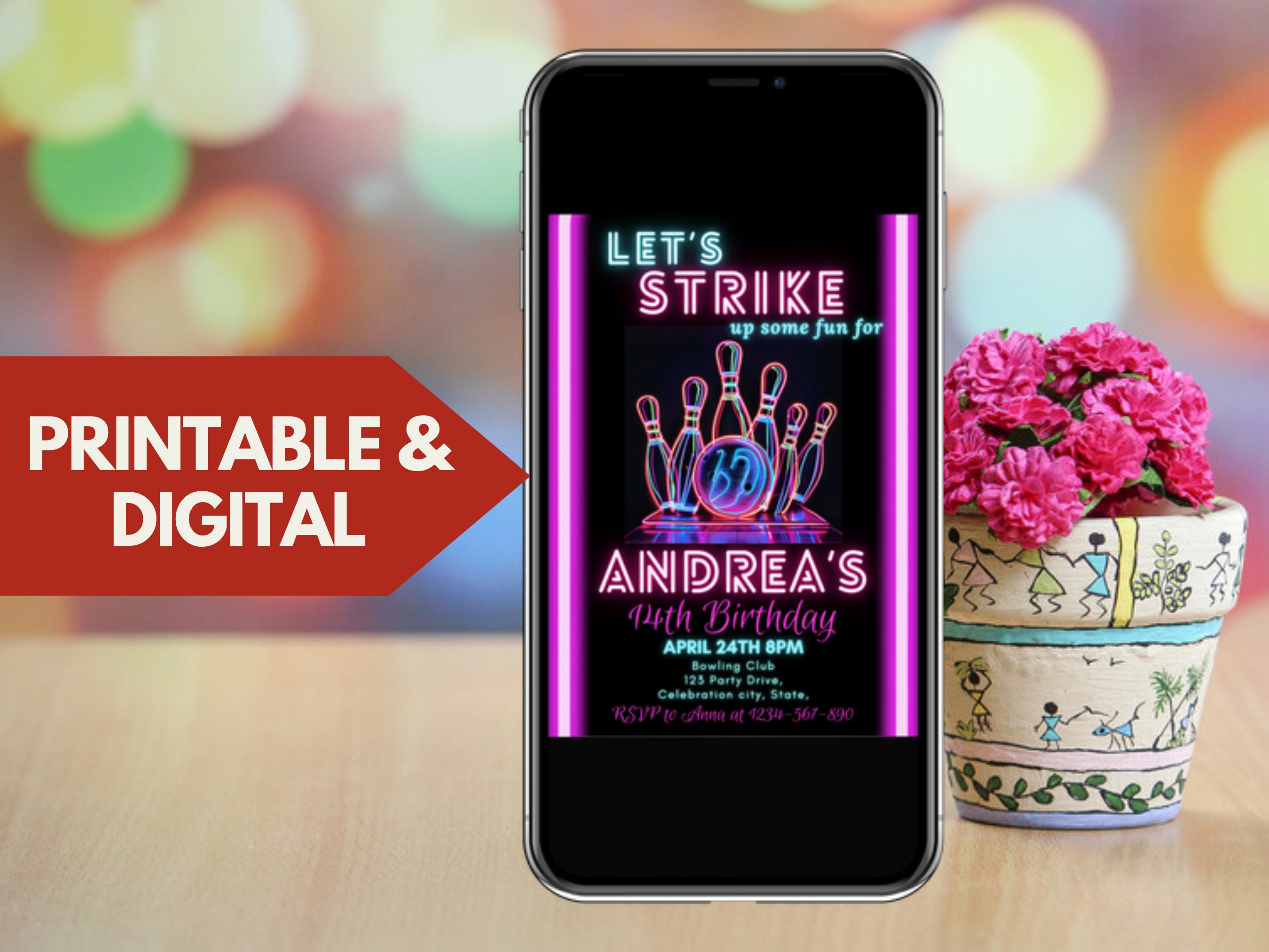Editable Bowling Birthday Invitation Neon Bowling Invitation Bowling ...