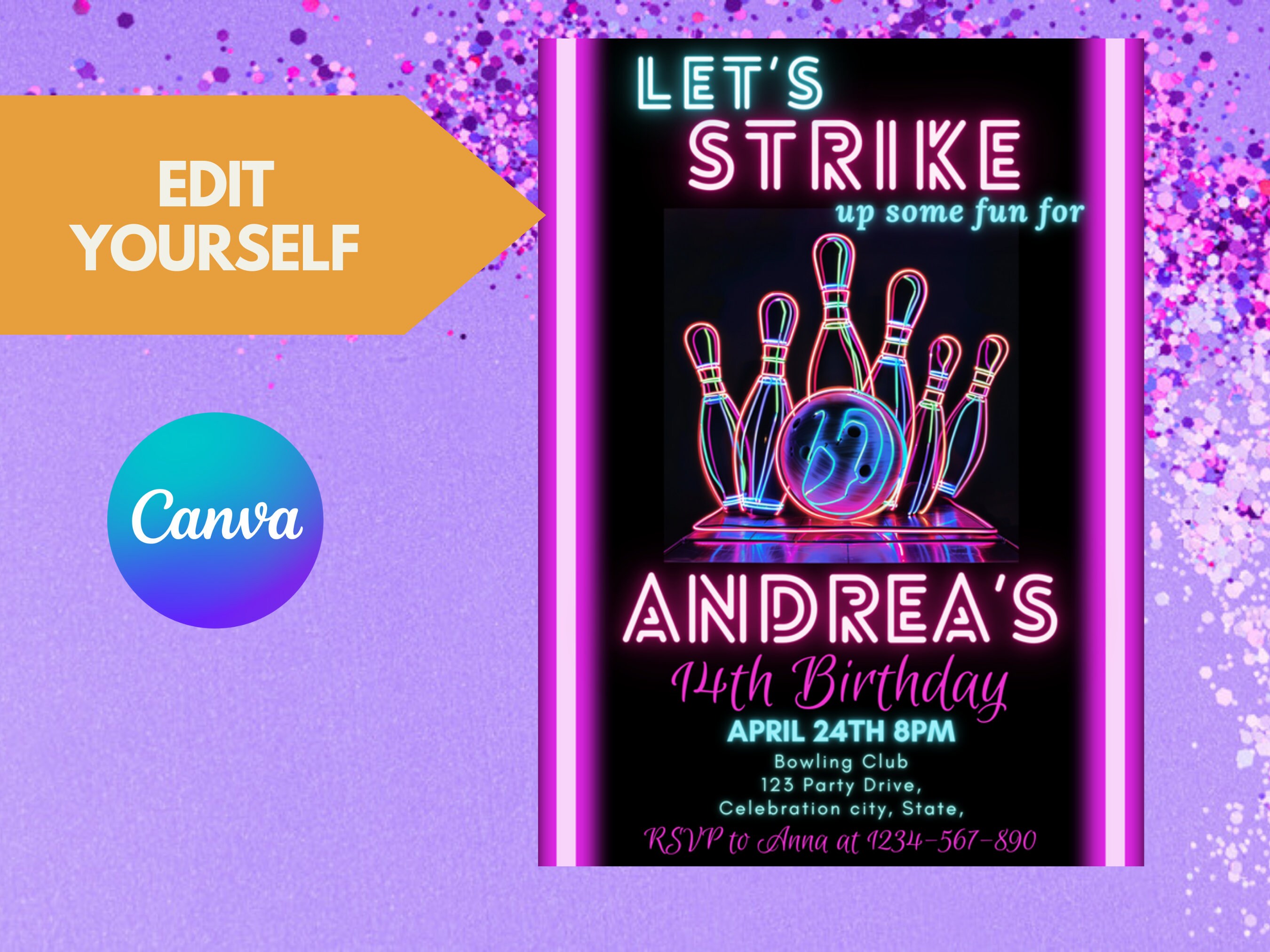 Editable Bowling Birthday Invitation Neon Bowling Invitation Bowling ...