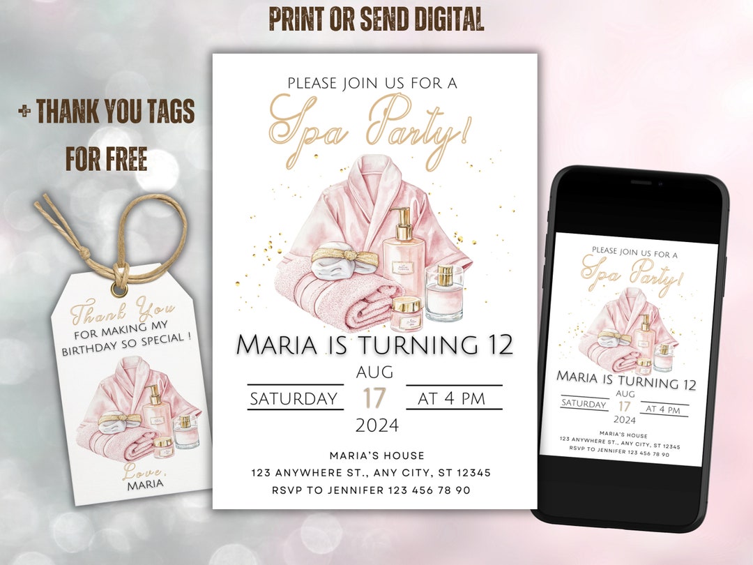 Editable Spa Party Birthday Invitation Template Set Printable Spa Party ...