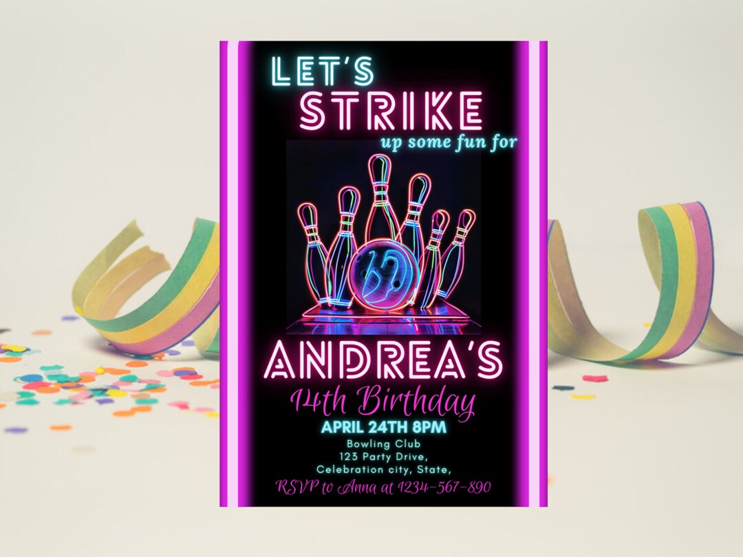 Editable Bowling Birthday Invitation Neon Bowling Invitation Bowling ...