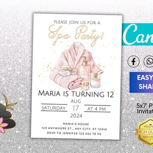 Editable Spa Party Birthday Invitation Template Set Printable Spa Party ...