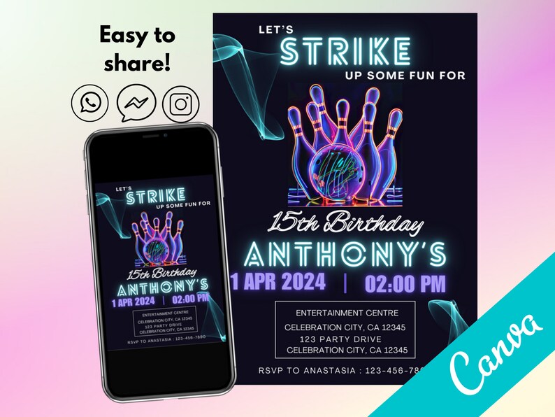 Bowling Birthday Invitation Neon Glow Invitation, Strike up Some Fun ...