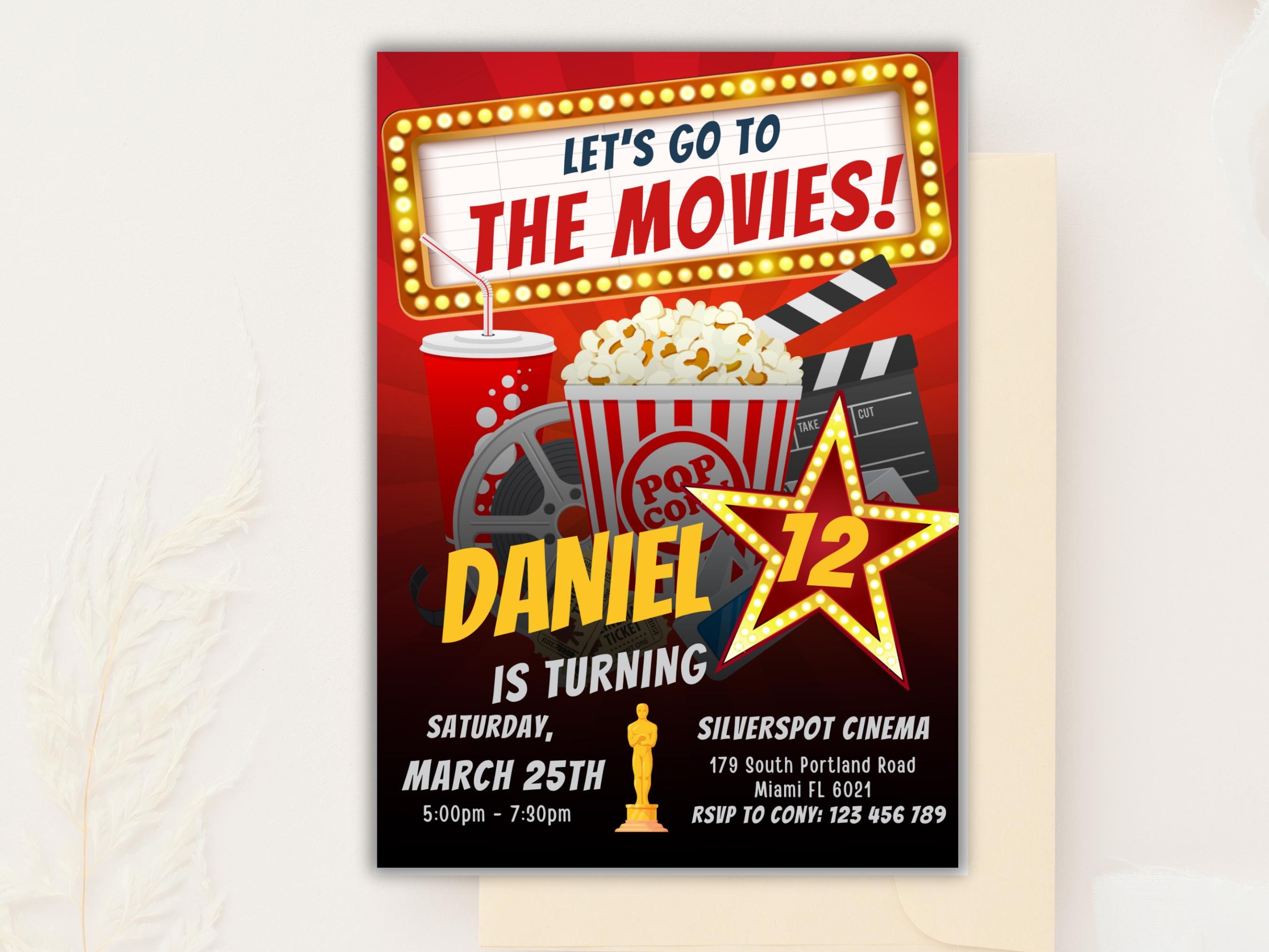Movie Birthday Invitation, Cinema Party Invite, Popcorn Party, Instant ...