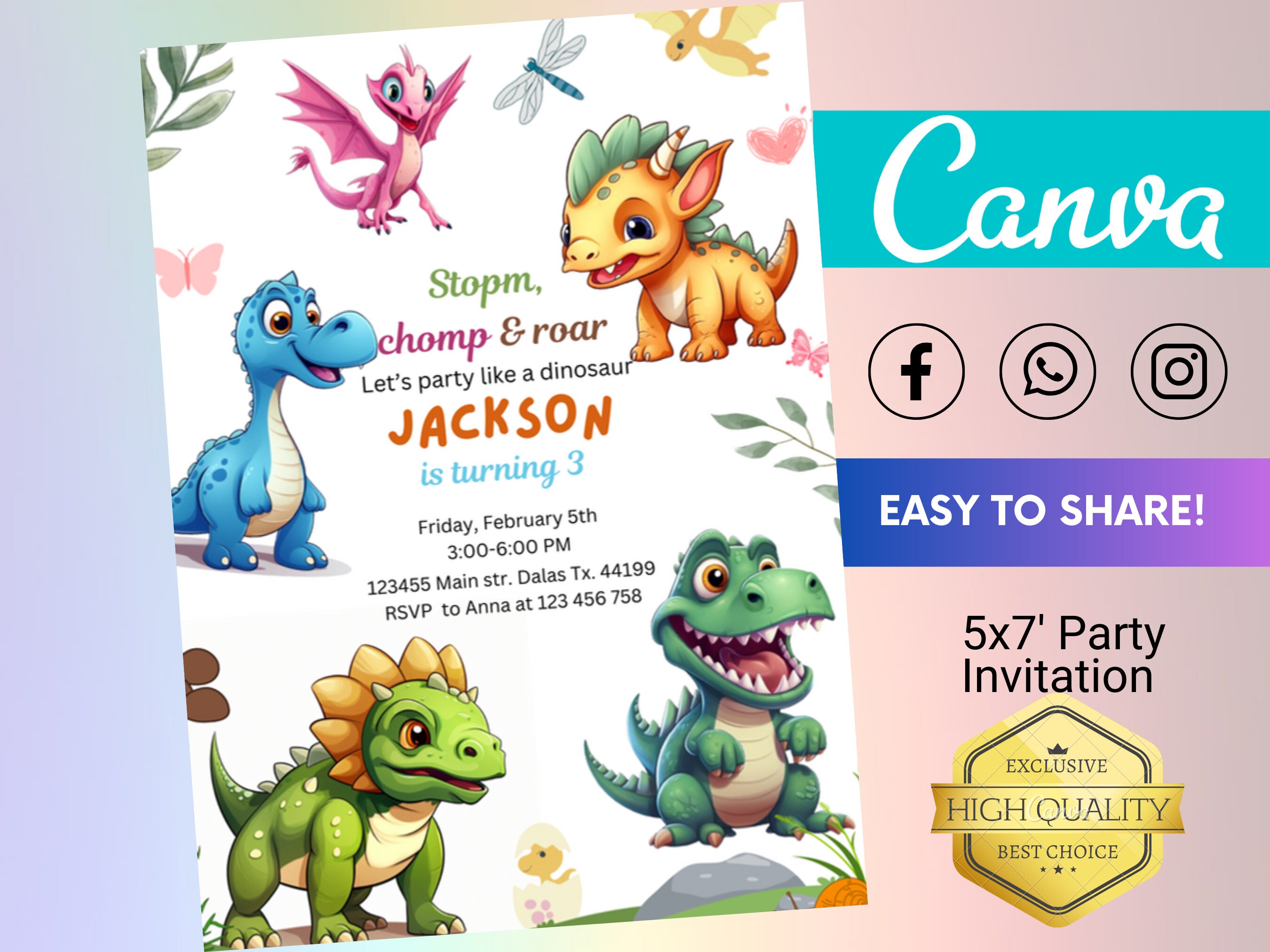 Editable Dinosaur Birthday Party Invitation Template, Dinosaur Birthday ...