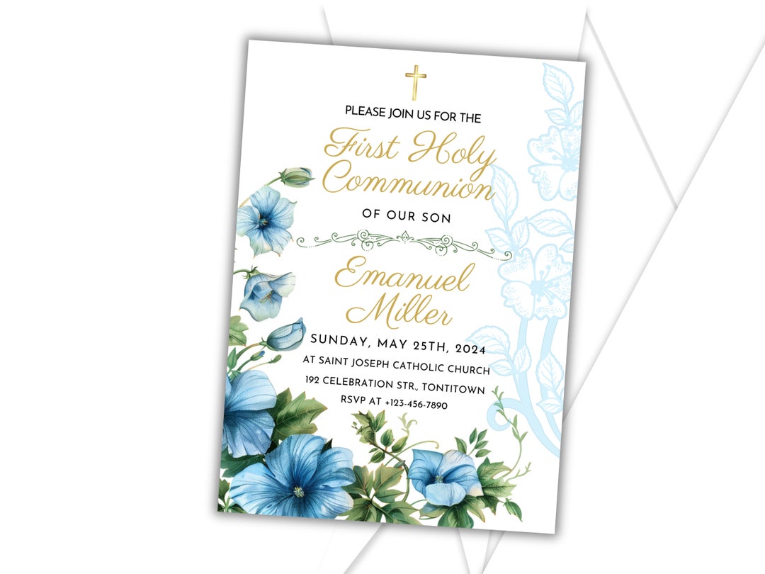 Boy's First Holy Communion Invitation Template: Floral Design (digital ...