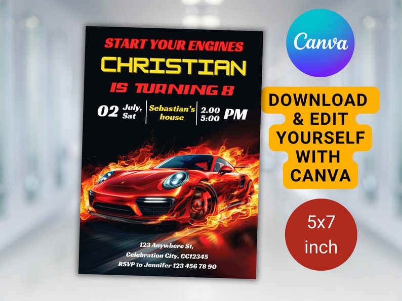 Editable Car Birthday Invitation, Race Car Birthday Template, Porsche ...