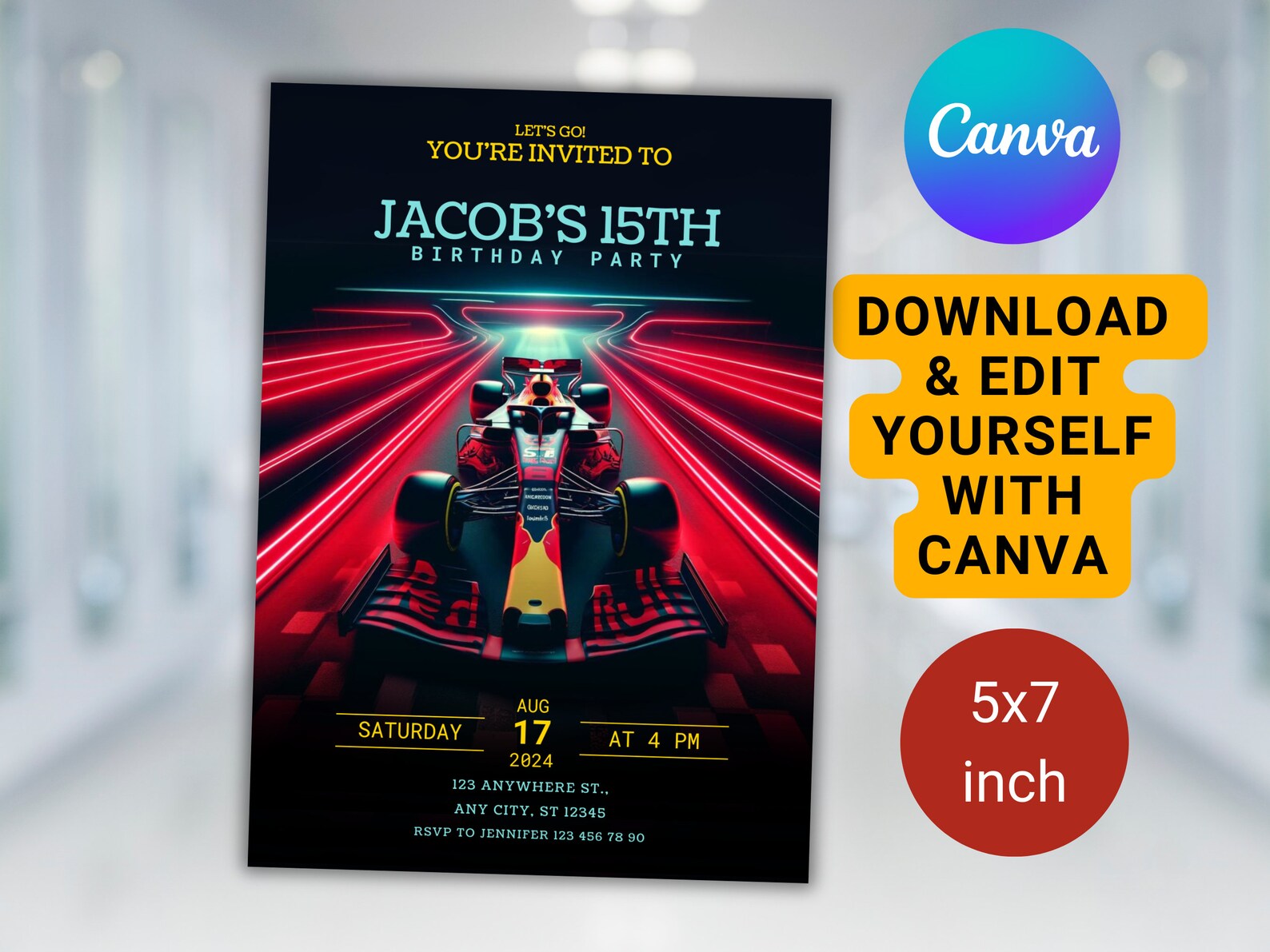 Formula 1 Birthday Invitation: Race Car Party, Editable Template ...