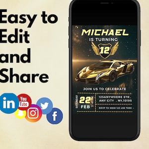 Editable Lamborghini Birthday Invitation Card , Race Car Theme for Boys ...