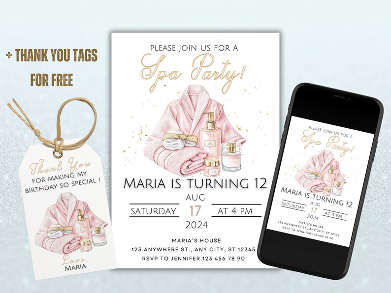 Editable Spa Party Birthday Invitation Template Set Printable Spa Party ...