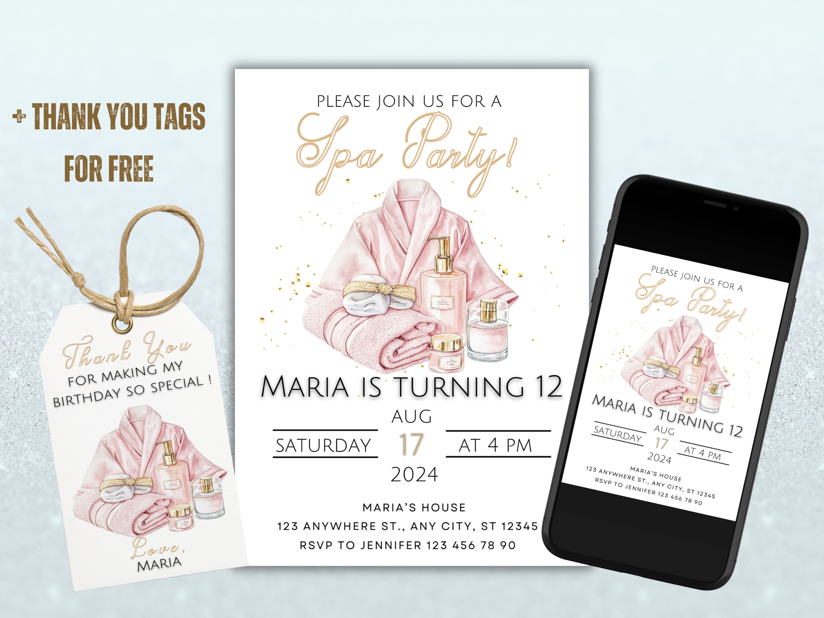 Editable Spa Party Birthday Invitation Template Set Printable Spa Party ...