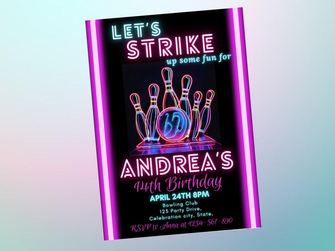 Editable Bowling Birthday Invitation Neon Bowling Invitation Bowling ...