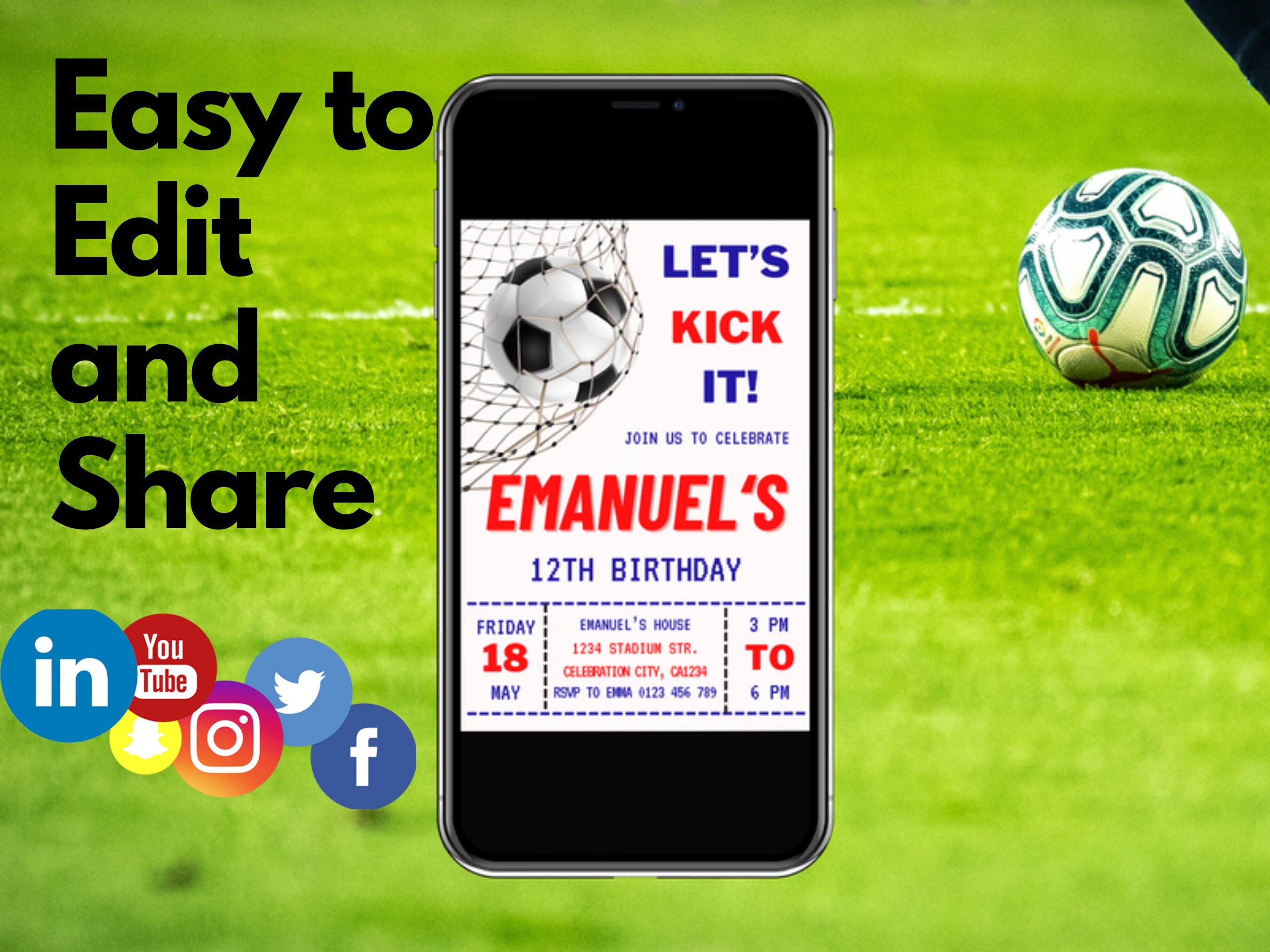 Editable Soccer Birthday Invitation Template, Sport Birthdayin Blue&red ...