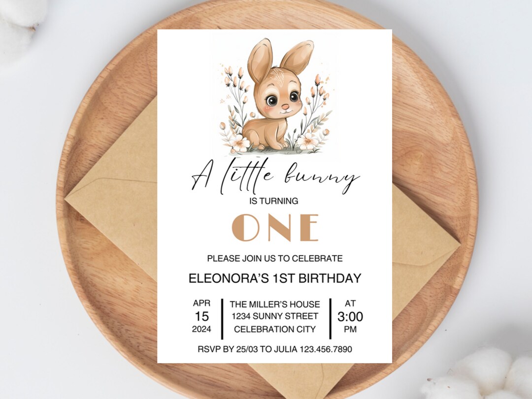 Bunny Birthday Invitation Template,a Little Bunny is Turning One ...