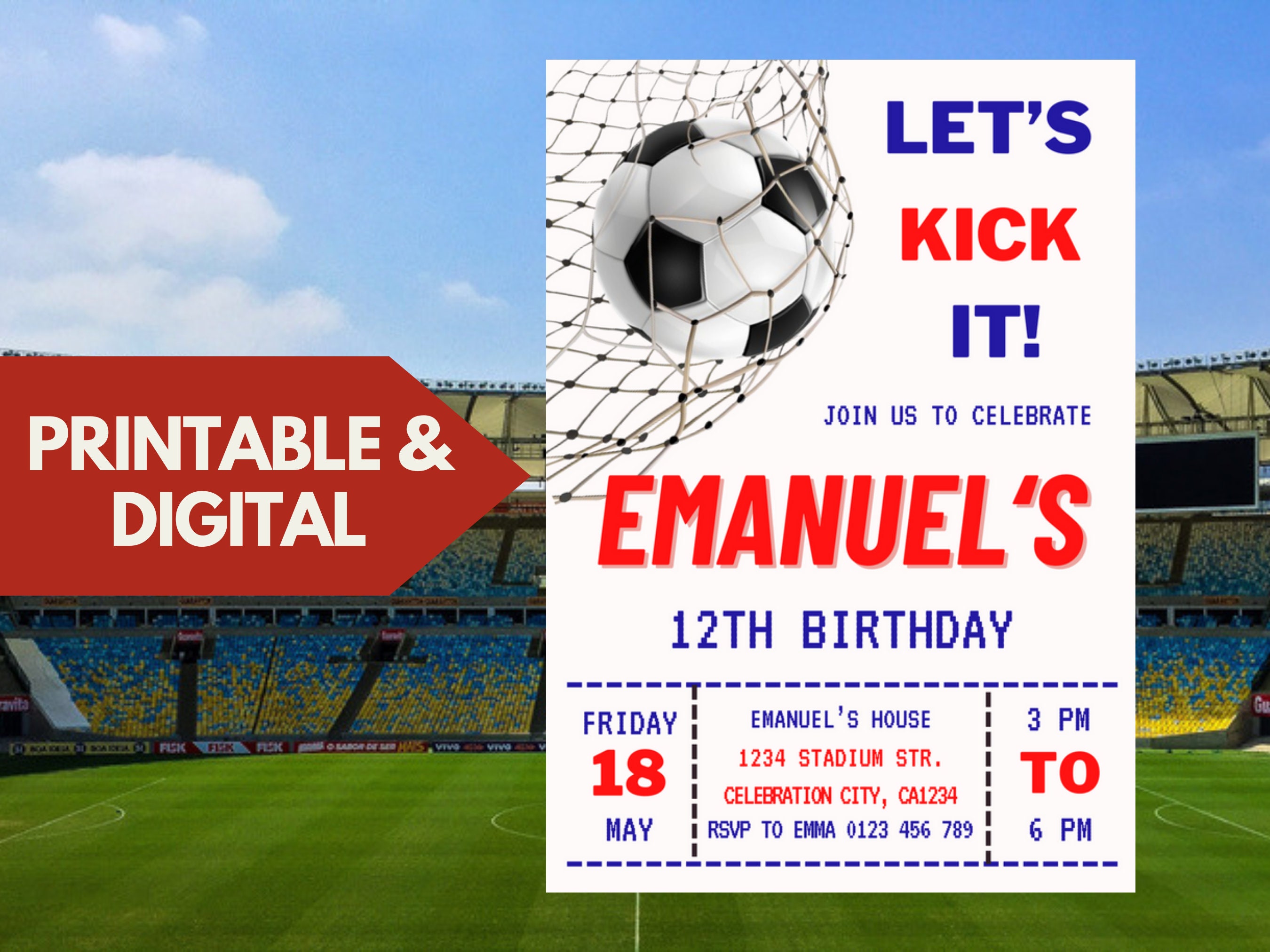 Editable Soccer Birthday Invitation Template: Blue & Red (canva Evite ...
