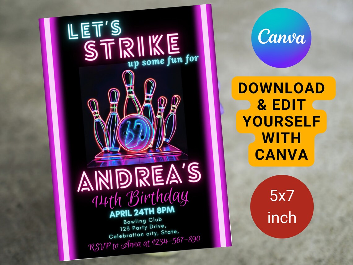 Editable Bowling Birthday Invitation Neon Bowling Invitation Bowling ...