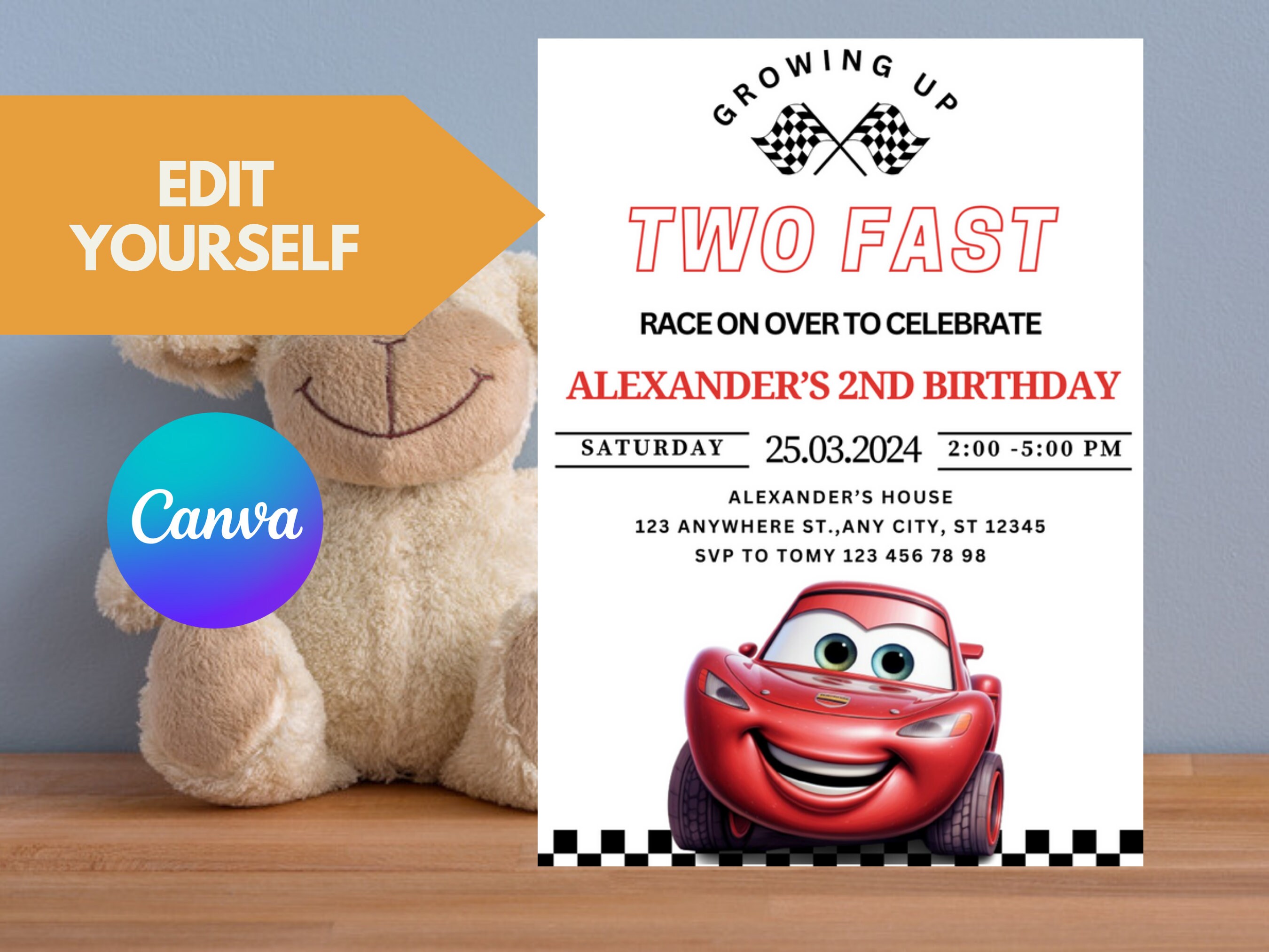 Red Race Car Birthday Invitation for Boys Cars Party, Editable in Canva ...