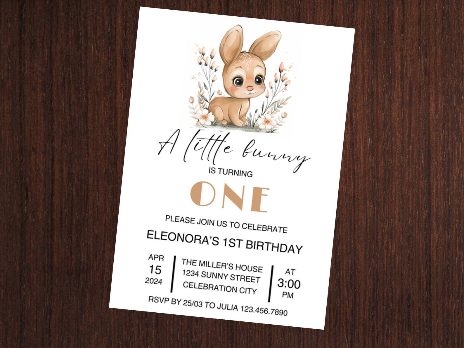 Bunny Birthday Invitation Template,a Little Bunny is Turning One ...