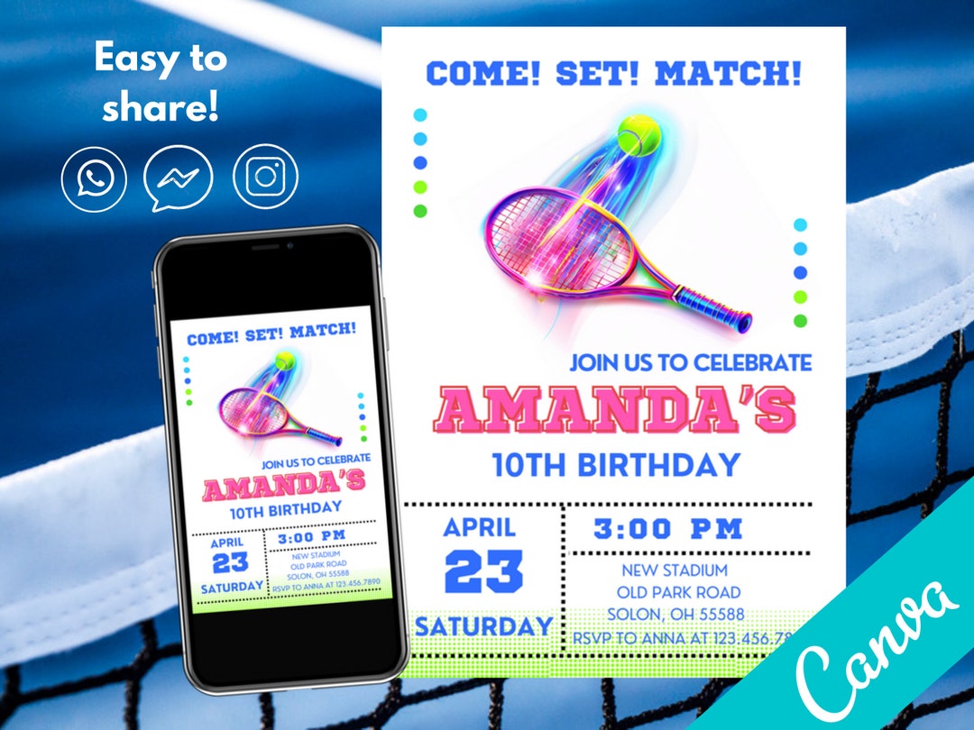 Tennis Birthday Invitation, Printable Tennis Ball Invitation, Tennis ...
