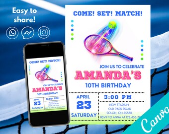 Tennis Birthday Invitation, Printable Tennis Ball Invitation, Tennis ...