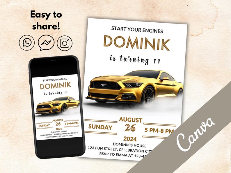 Editable Mustang Birthday Invitation: Race Car Party Template (digital ...