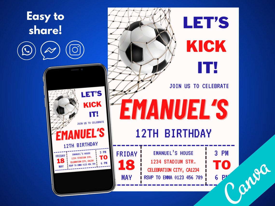 Editable Soccer Birthday Invitation Template, Sport Birthdayin Blue&red ...