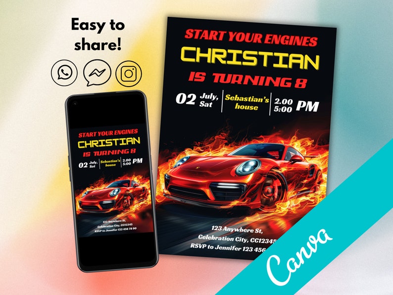 Editable Car Birthday Invitation, Race Car Birthday Template, Porsche ...