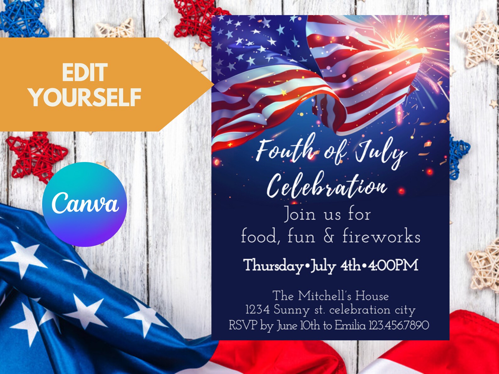 Editable Independence Day Invitation 4th of July, Patriotic Invite ...
