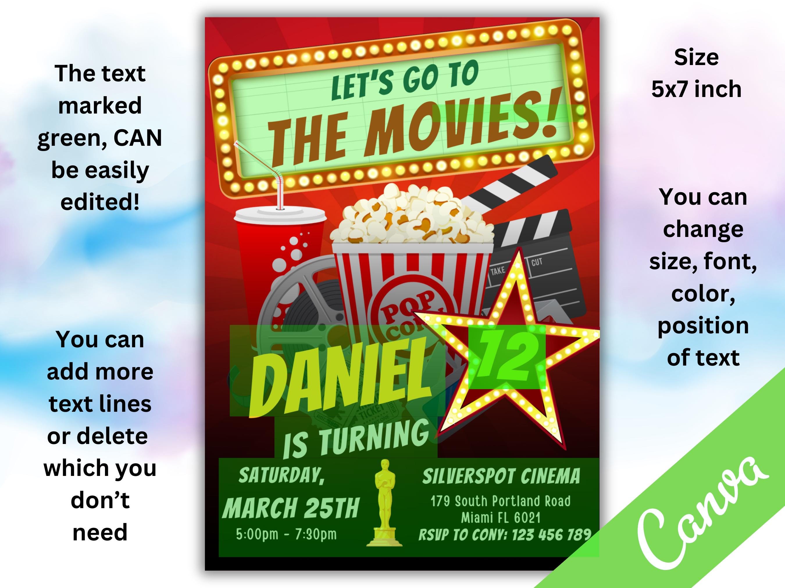 Movie Birthday Invitation, Cinema Party Invite, Popcorn Party, Instant ...