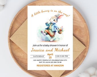 EDITABLE Peter Rabbit Baby Shower Invitation, Rustic Bunny Watercolor ...