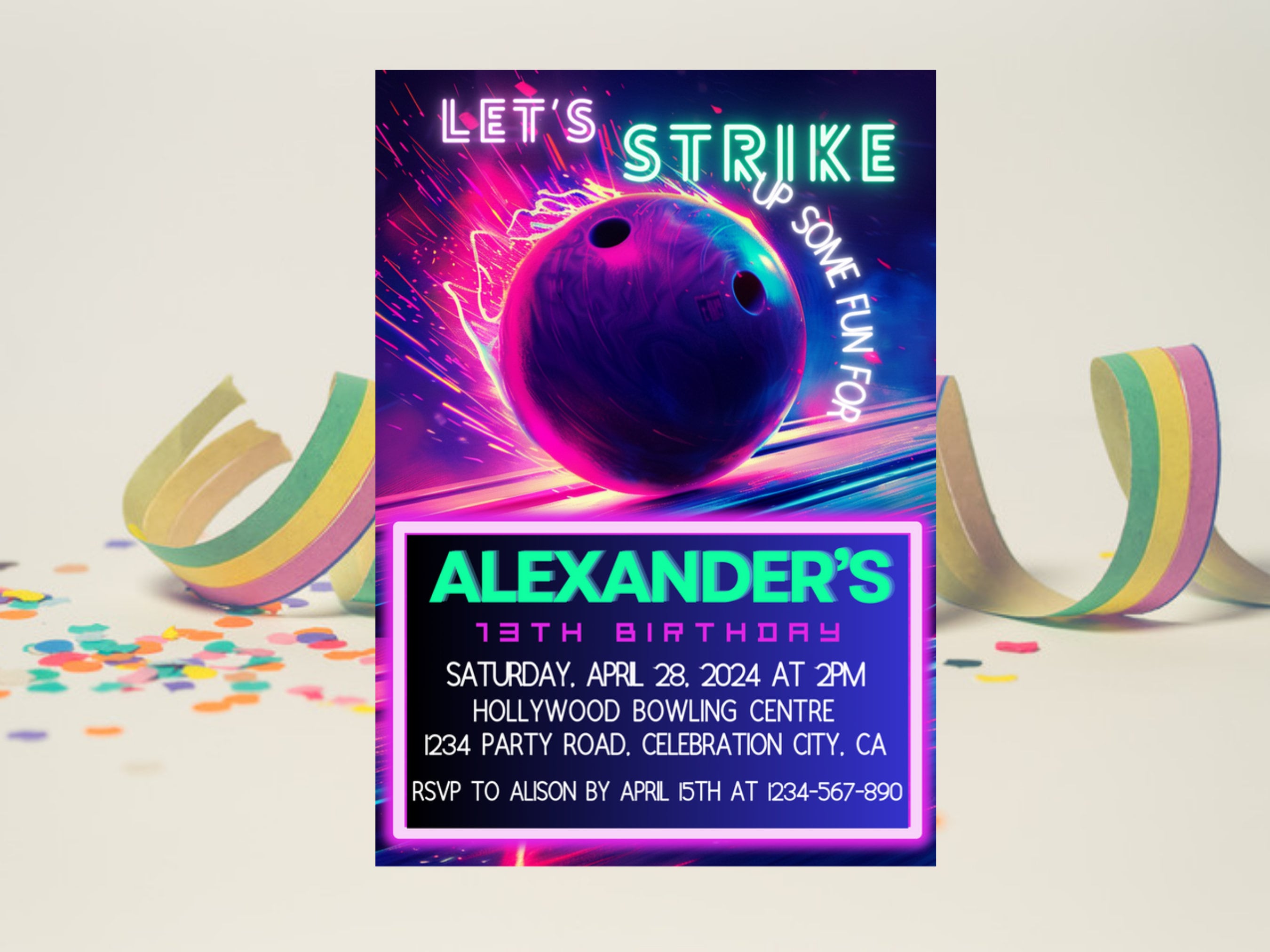 Editable Bowling Birthday Invitation Neon Bowling Invitation Bowling ...