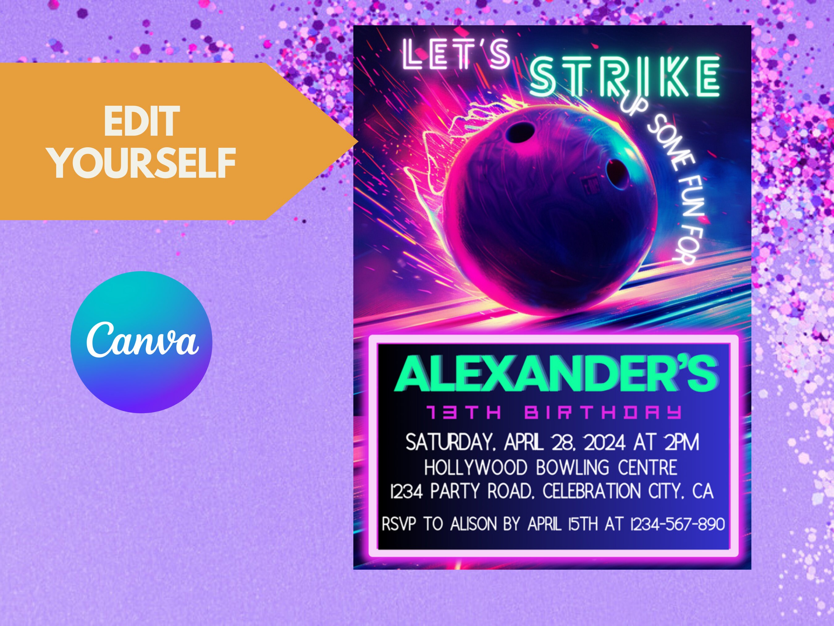 Editable Bowling Birthday Invitation Neon Bowling Invitation Bowling ...