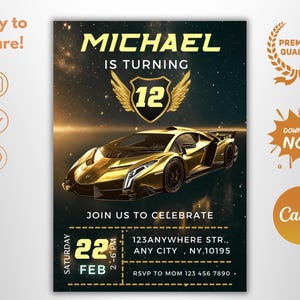 Editable Lamborghini Birthday Invitation Card , Race Car Theme for Boys ...