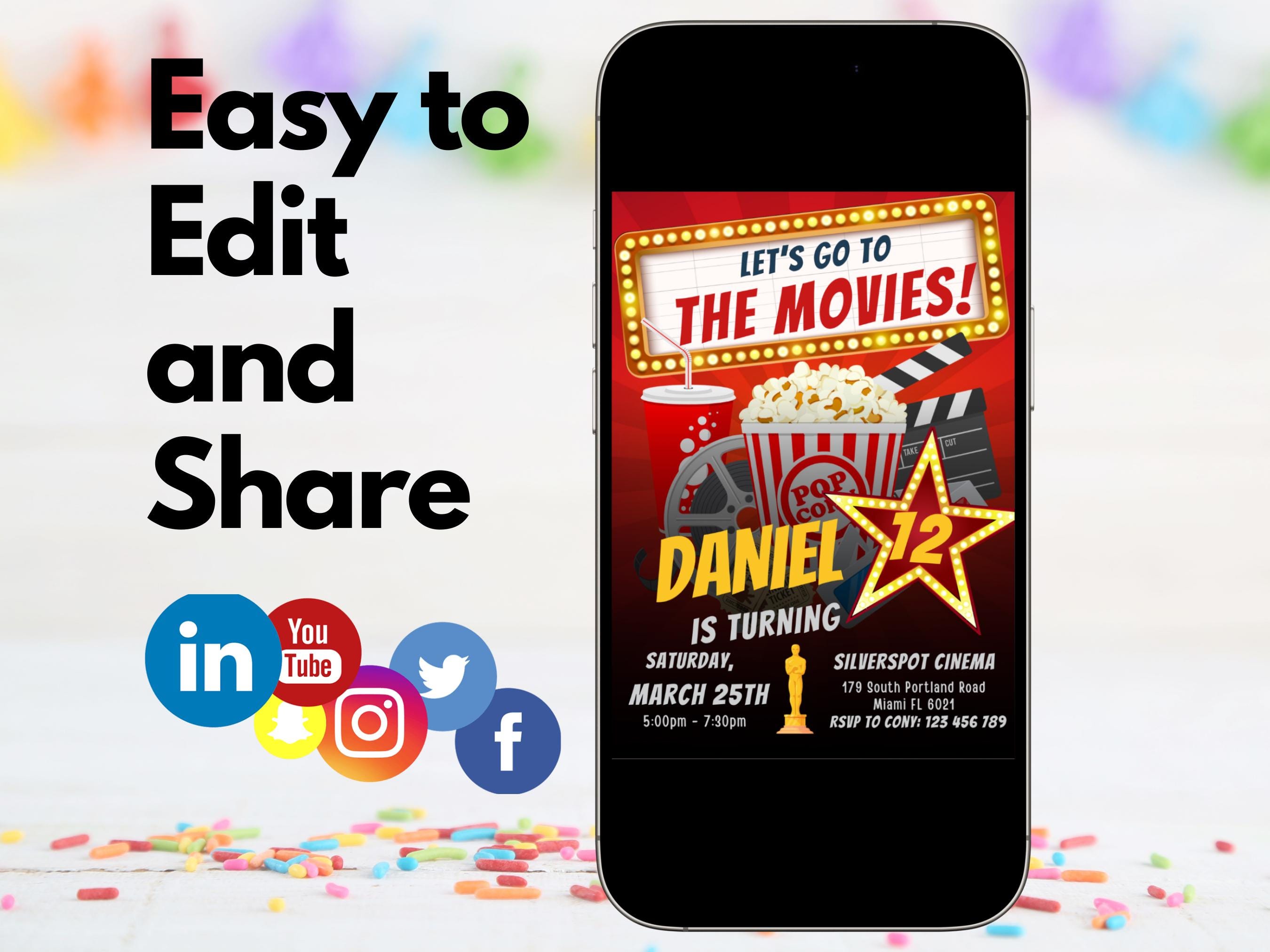 Movie Birthday Invitation, Cinema Party Invite, Popcorn Party, Instant ...