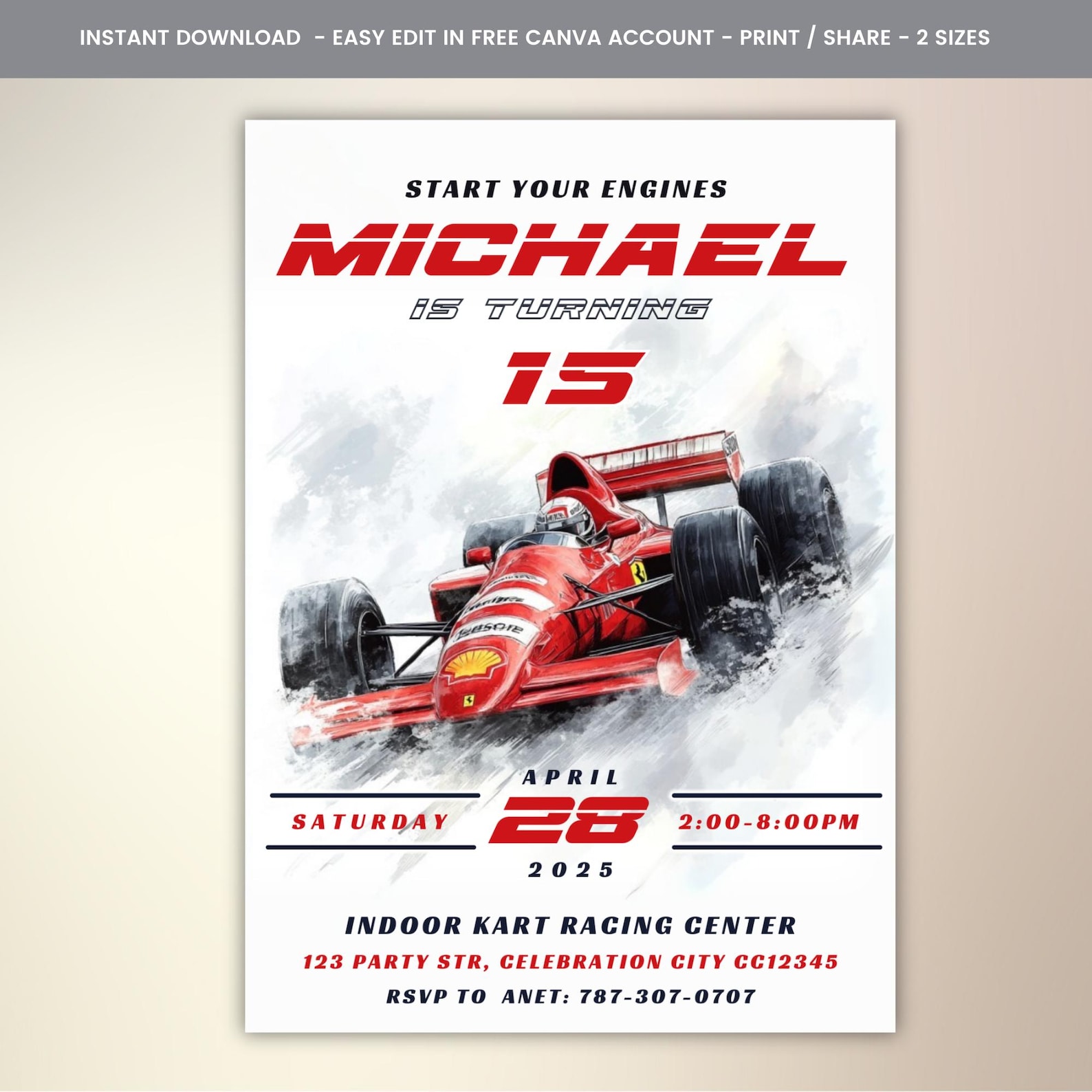 Ferrari Race Car Birthday Invitation | Sport Car Invite | Formula 1 ...