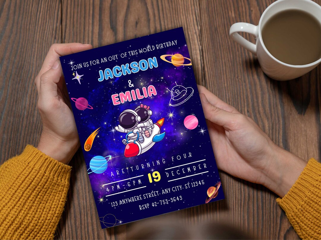 Twins in Space Birthday Invitation Editable Galaxy Planets Invite Quick ...