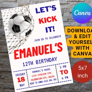 Editable Soccer Birthday Invitation Template, Sport Birthdayin Blue&red ...