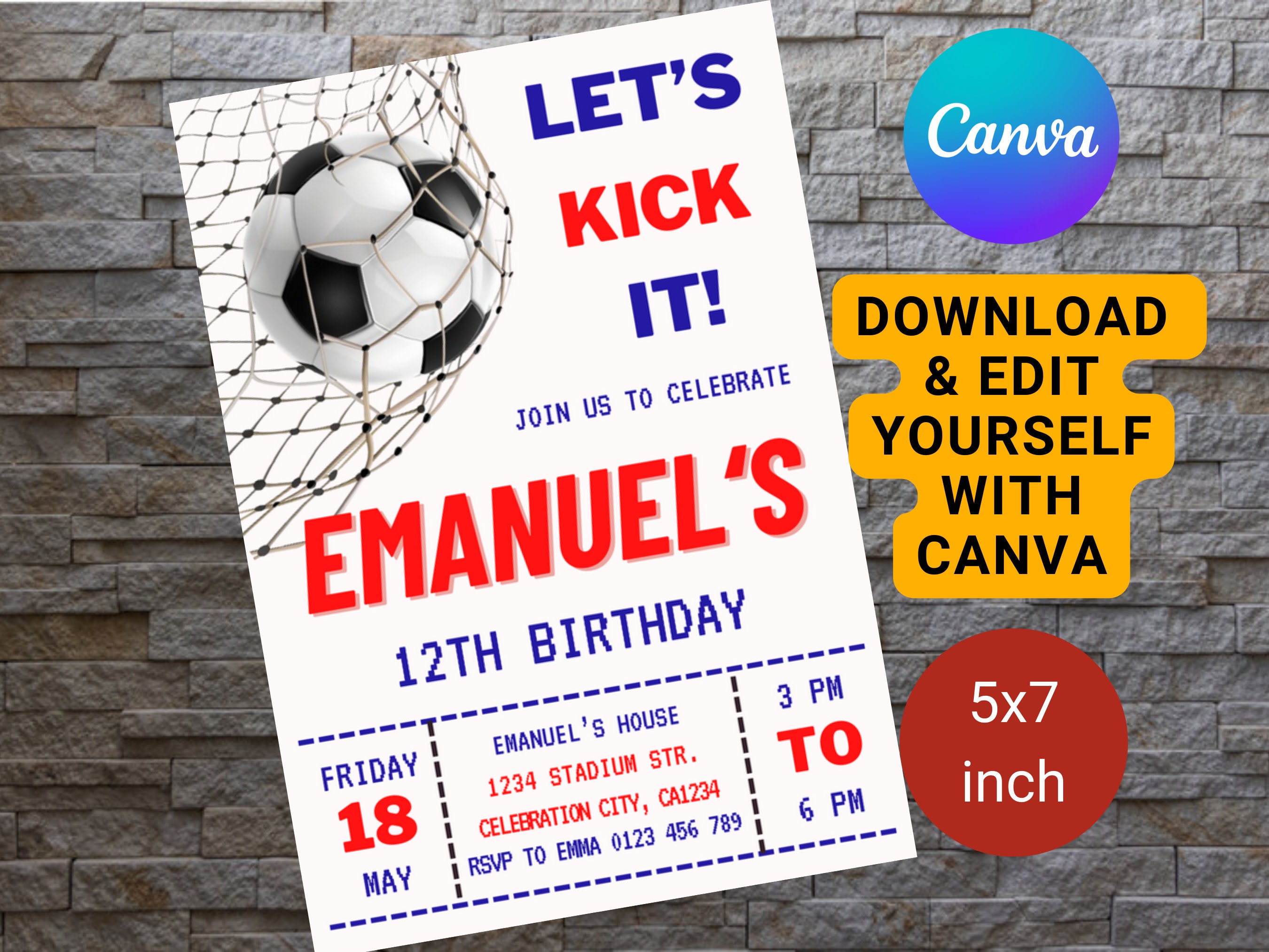 Editable Soccer Birthday Invitation Template: Blue & Red (canva Evite ...
