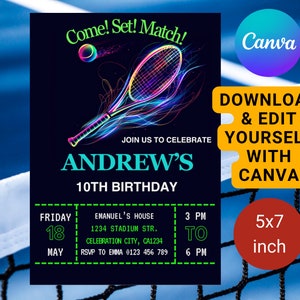 Tennis Birthday Invitation: Customizable Party Template (digital ...