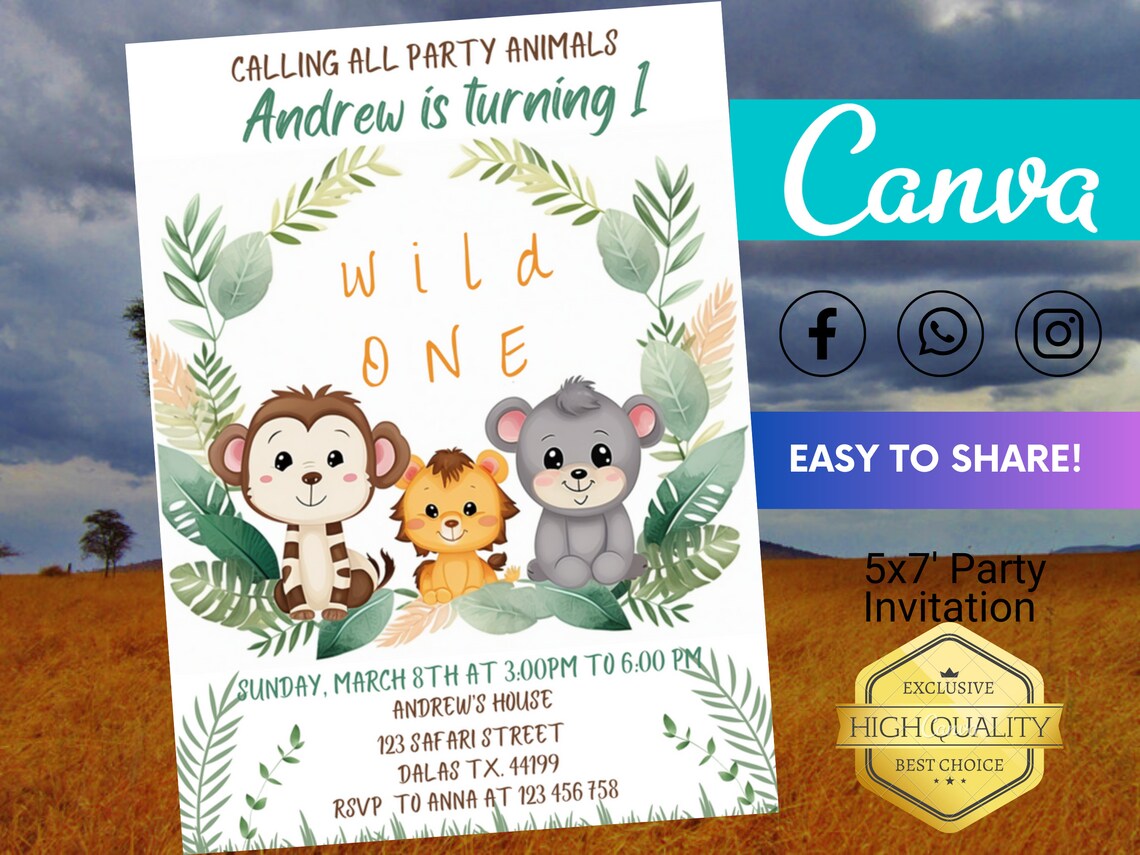 EDITABLE Safari Birthday Invitation, Wild One 1st Birthday Invite ...