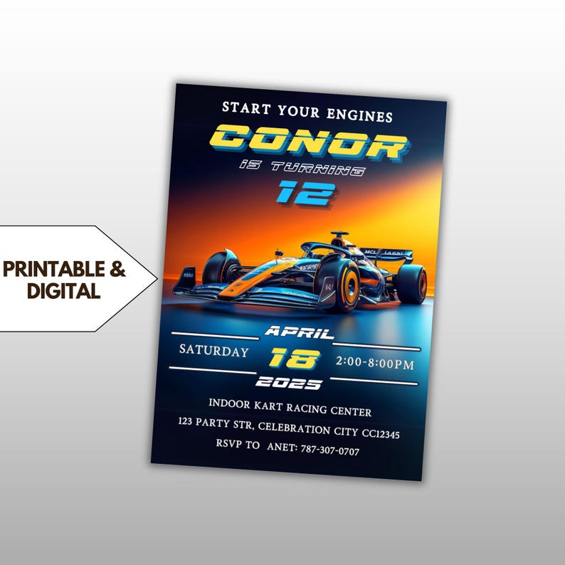 Formula 1 Birthday Invitation | Race Car Party Invite | Mclaren F1 ...