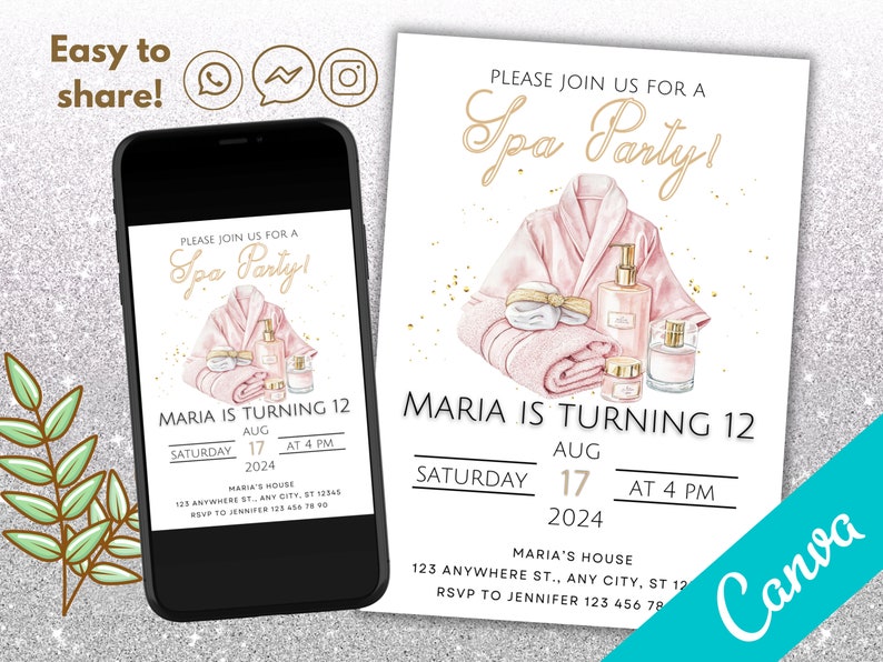 Editable Spa Party Birthday Invitation Template Set Printable Spa Party ...