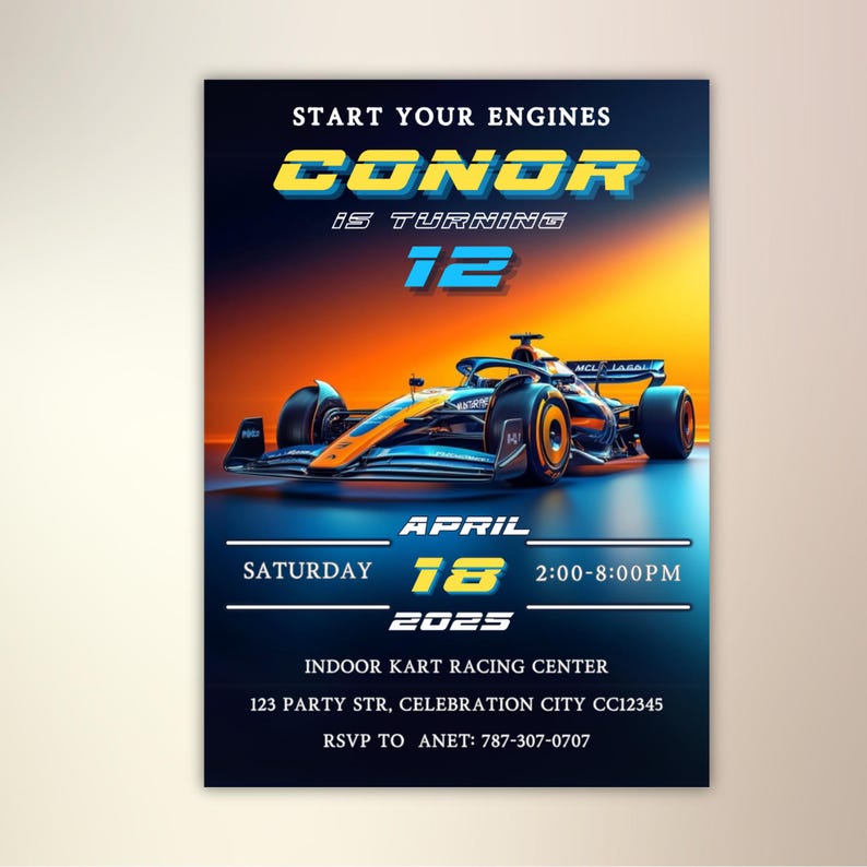 Formula 1 Birthday Invitation | Race Car Party Invite | Mclaren F1 ...