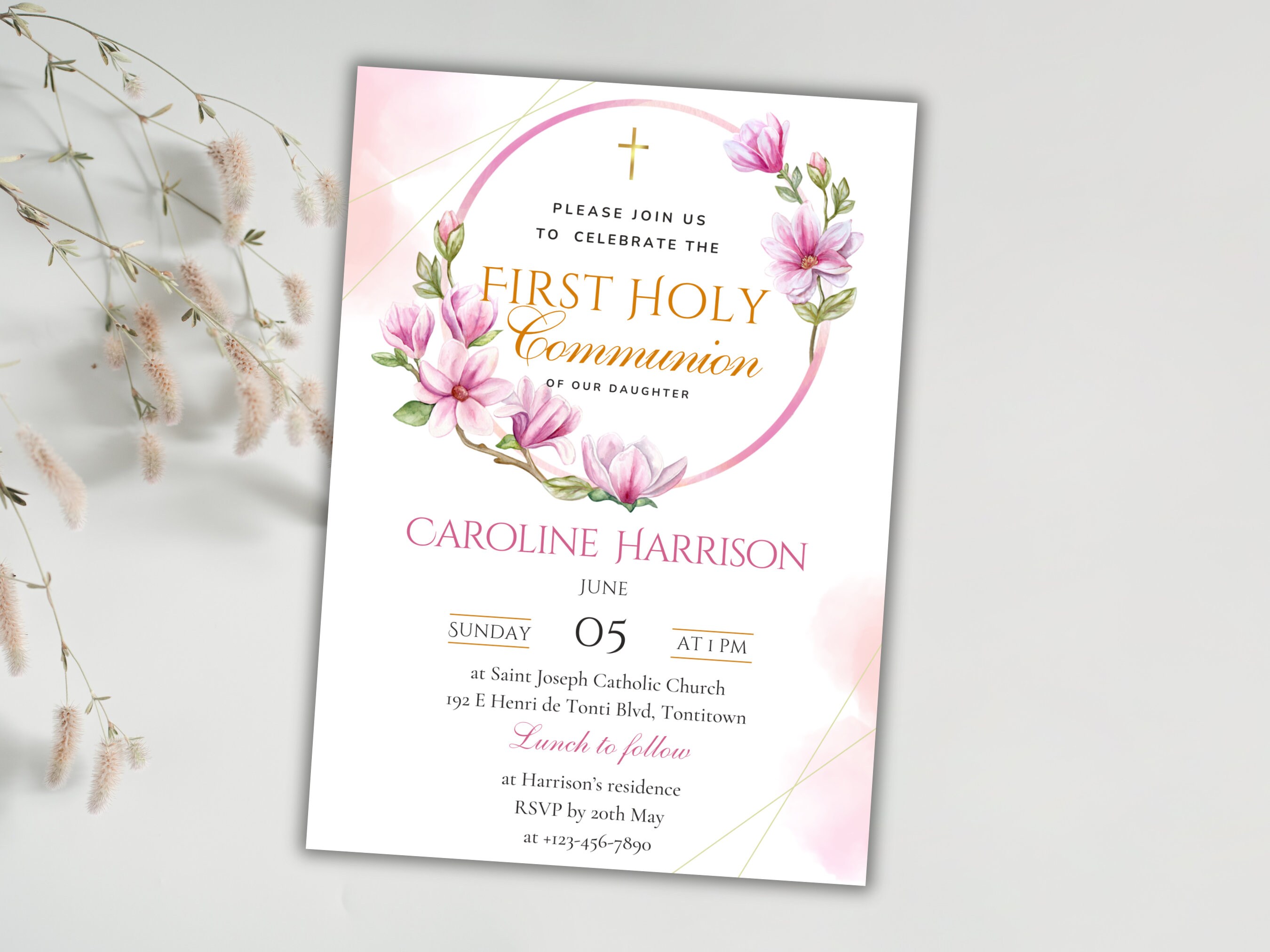 Editable Pink Watercolor Communion Invite Personalized Girl's First ...