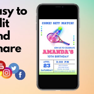 Tennis Birthday Invitation: Printable Tennis Party Invite (editable in ...