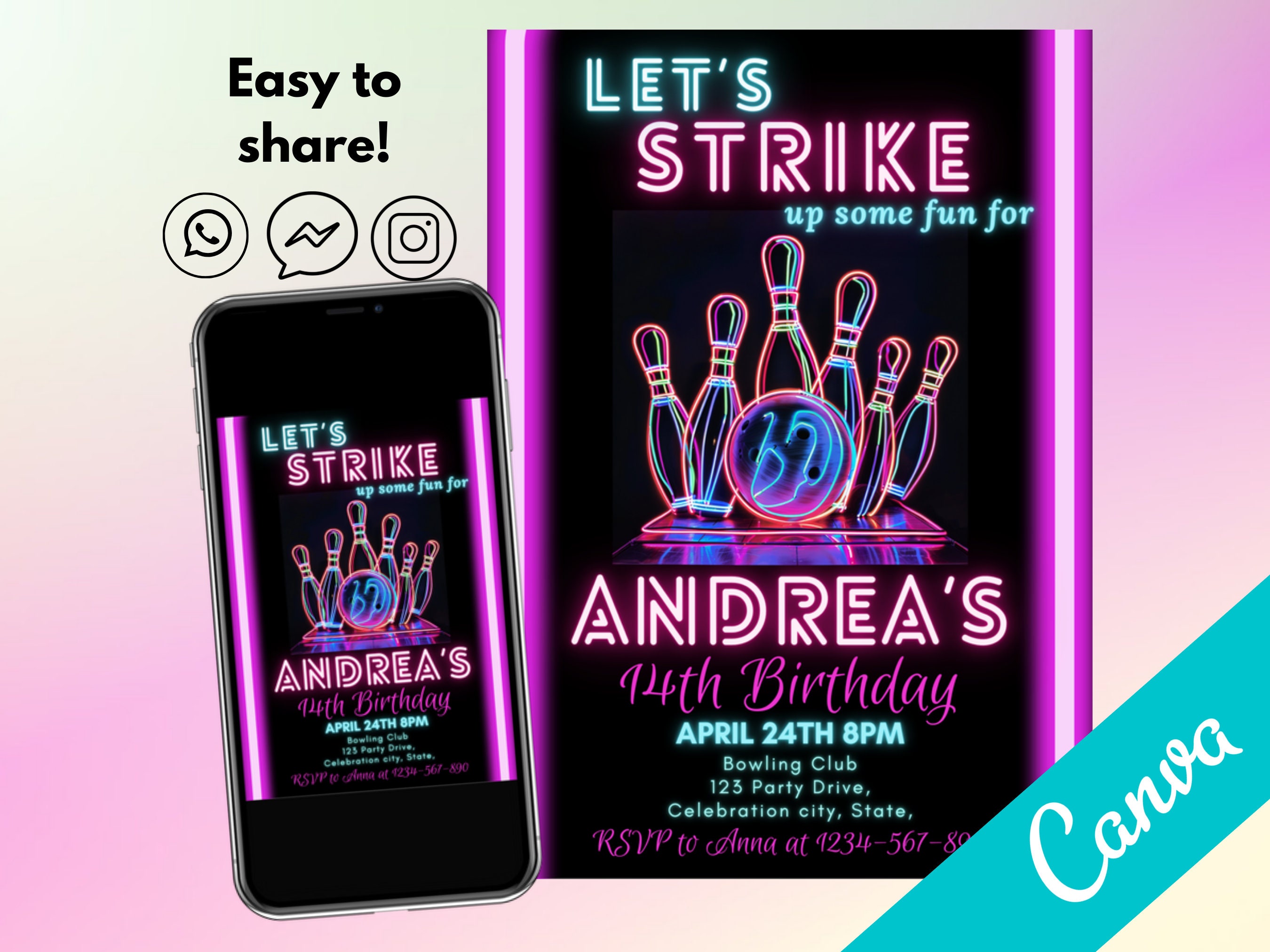 Editable Bowling Birthday Invitation Neon Bowling Invitation Bowling ...