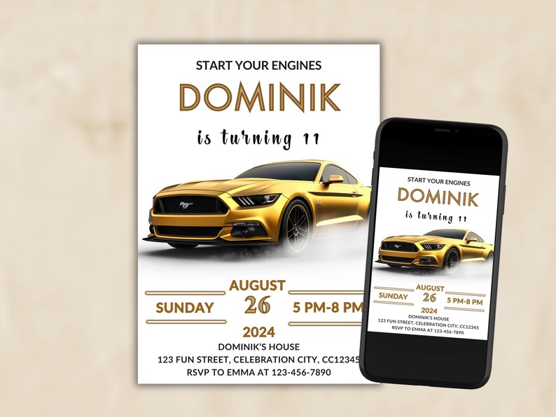 Editable Mustang Birthday Invitation: Race Car Party Template (digital ...