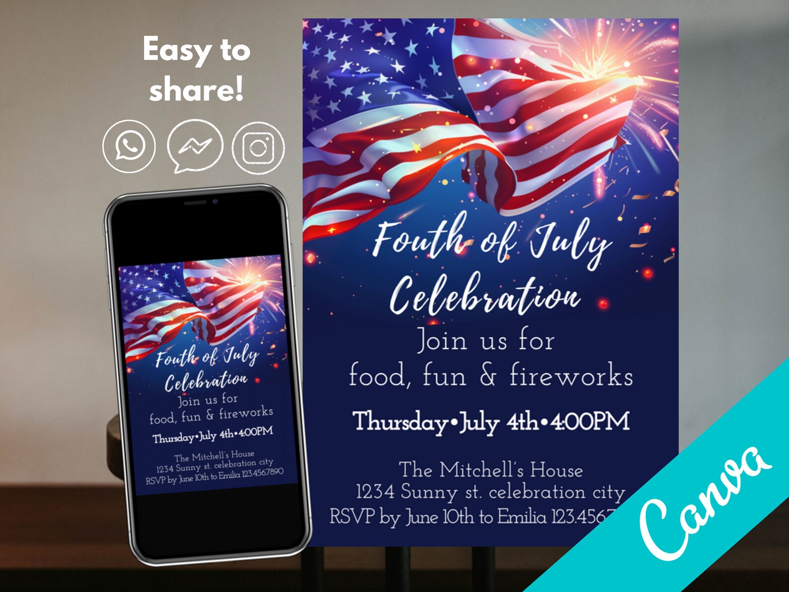 Editable Independence Day Invitation 4th of July, Patriotic Invite ...