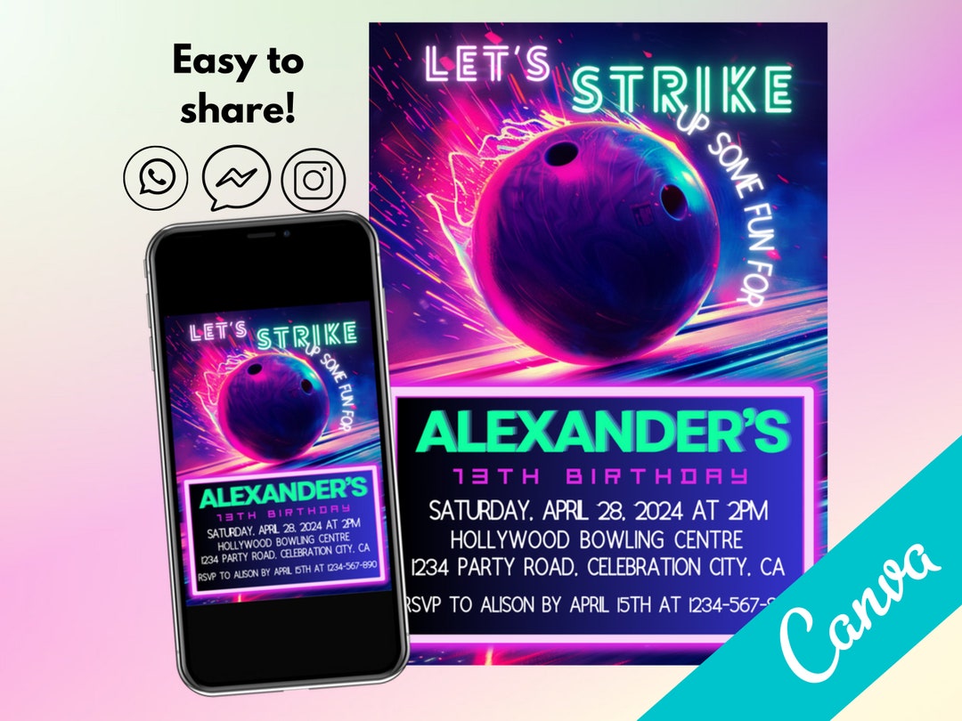 Editable Bowling Birthday Invitation Neon Bowling Invitation Bowling ...